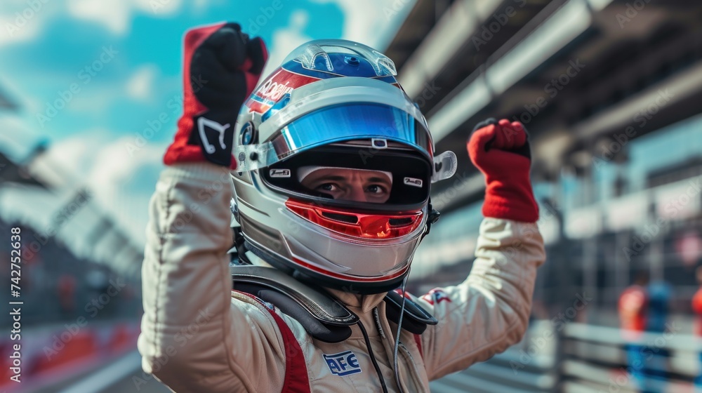Foto de Formula one race car driver wearing a helmet, cheering with a ...
