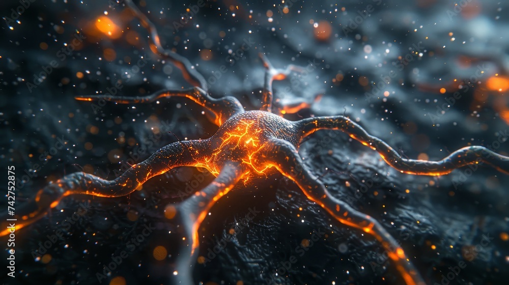 This is a dynamic 3D visualization of an active neuron firing electrical impulses, representing ...