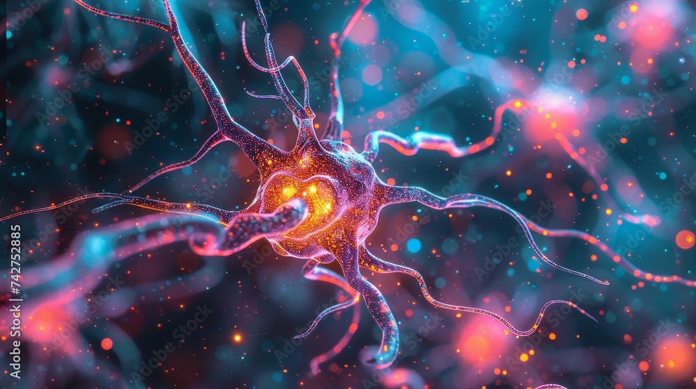 A vibrant depiction of a neuron within a neural network transmitting ...
