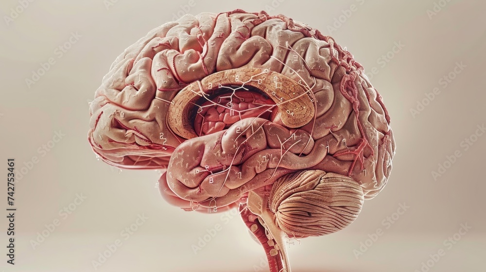 A detailed illustration of the human brain with labeled regions and ...