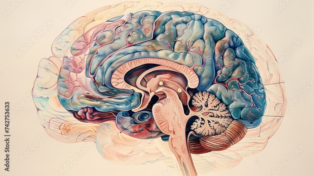 An intricately detailed drawing of the human brain, showcasing its ...