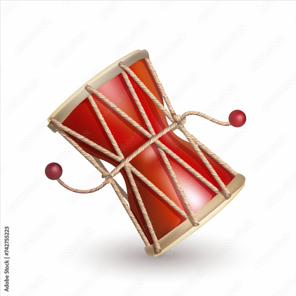 Small Indian drum (damaru) isolated on white. Divine attribute of Lord ...