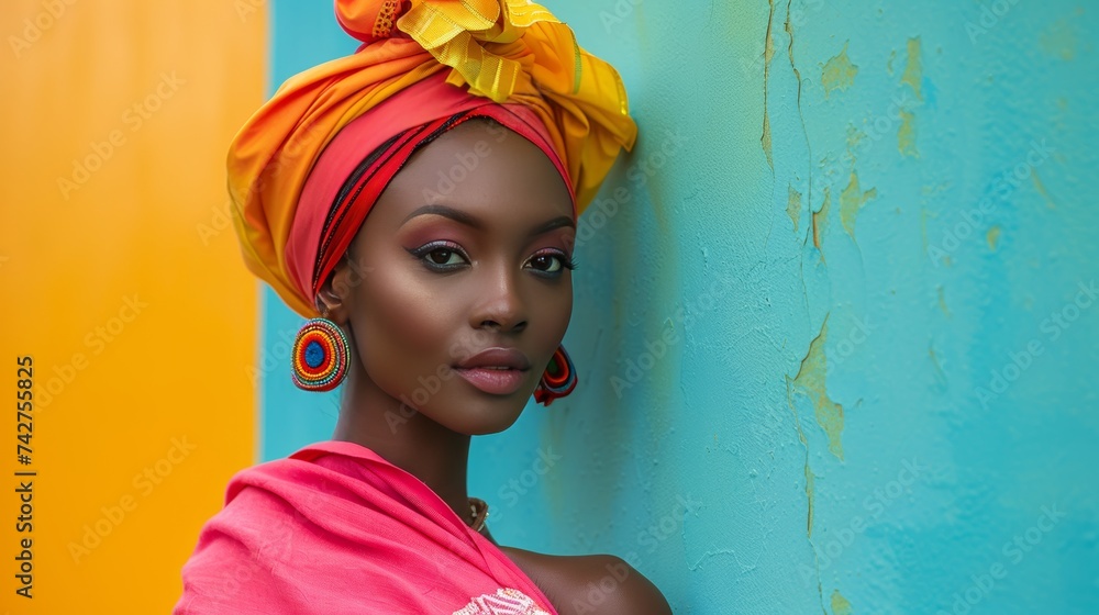African female model with exotic skin wearing turban with big earrings ...