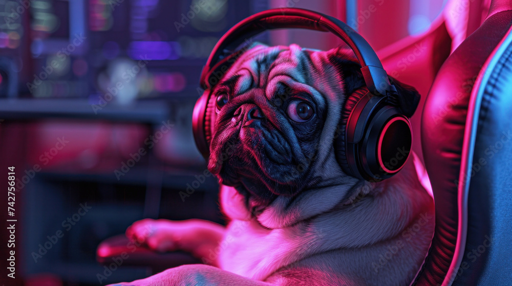 upset pug gamer sits in a gaming chair and headset on his head, neon ...