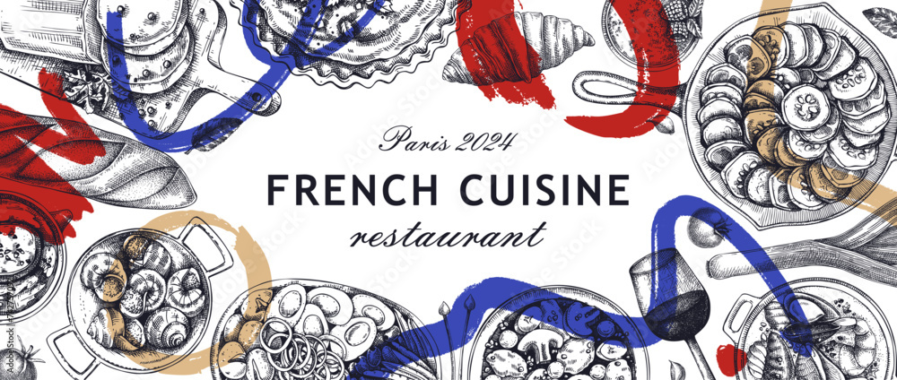 French food background in collage style. Traditional food from France ...