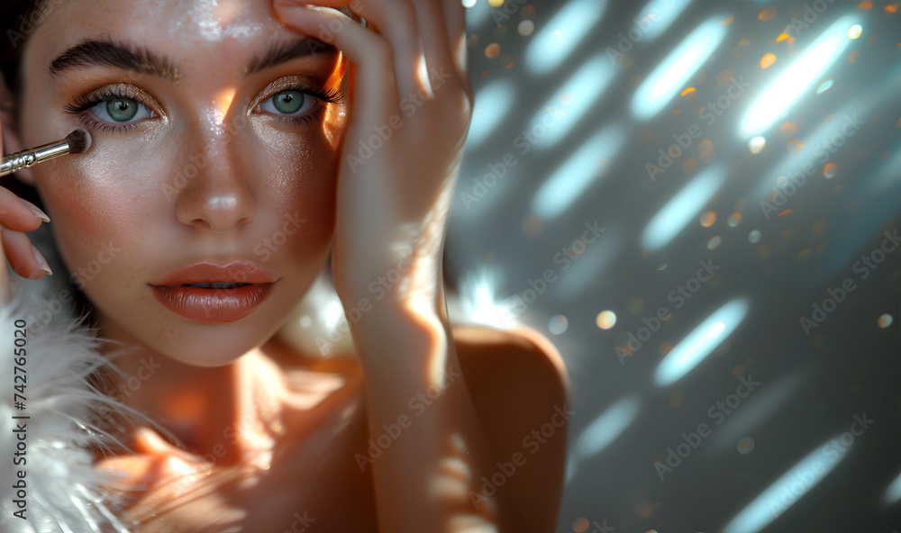 Fashion editorial Concept. Pretty glam woman with radient skin applying shimmer shiny makeup ...