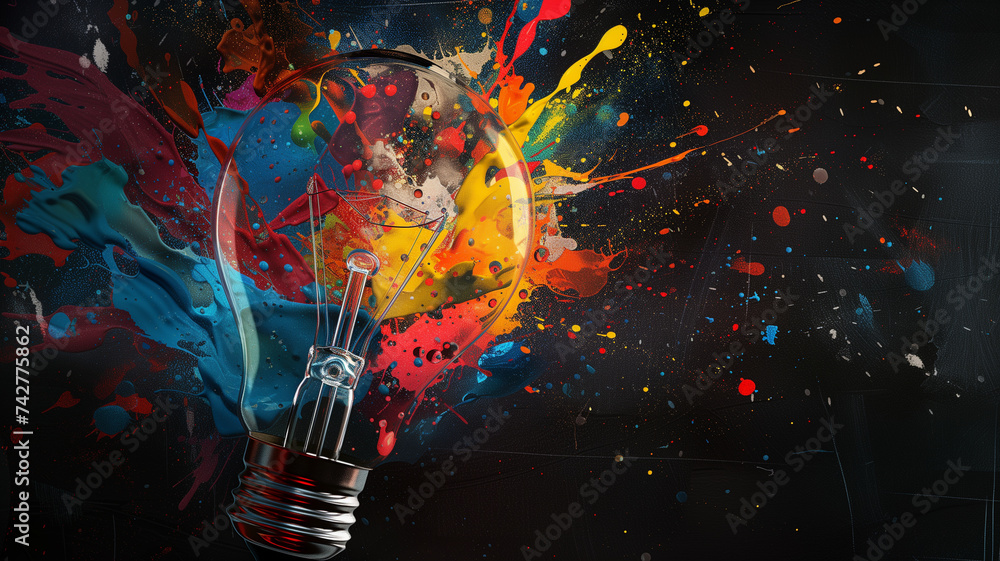 light bulb exploding, releasing a mesmerizing swirl of neon paint ...