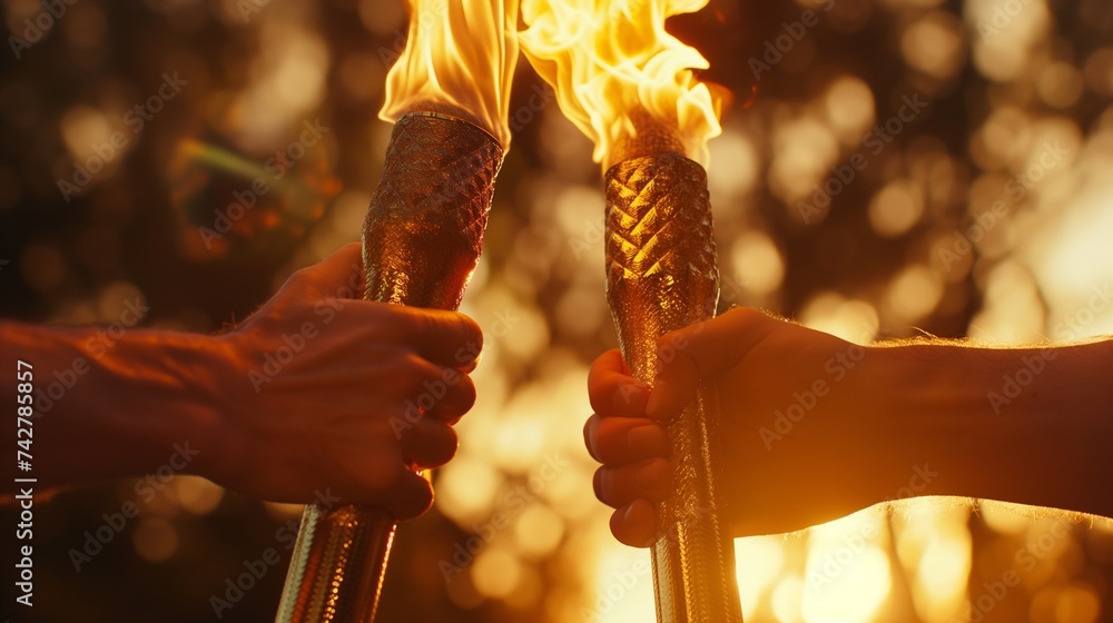 A close-up of the Olympic torch being passed between two runners ...