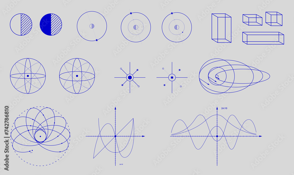 Set of various mathematical and geometric diagrams, shapes in blue ...
