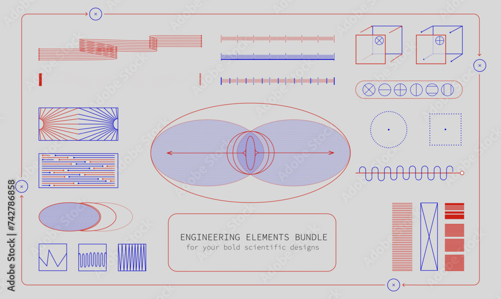 An assortment of engineering diagrams and wave patterns in red and blue ...