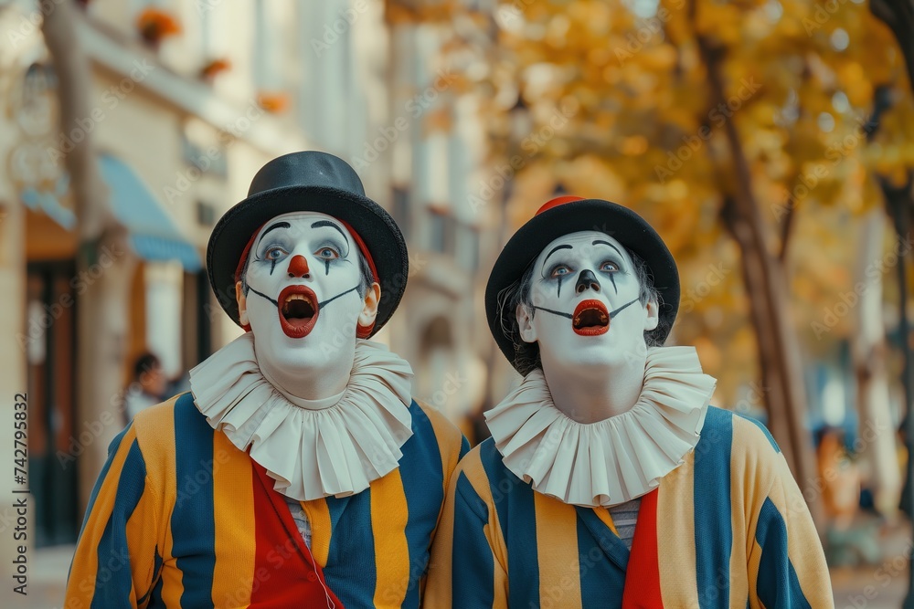 Pair of clowns in colorful costumes standing side by side on the street ...
