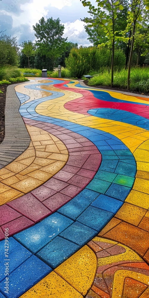 Tactile paving leading through a pop art park textured paths in vivid ...