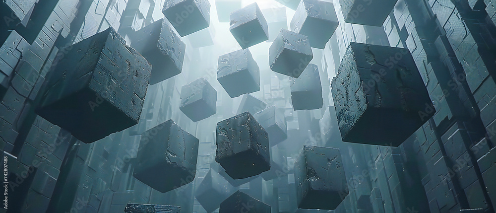 Abstract Geometric Chaos: Floating Cubes in a Futuristic and Complex ...