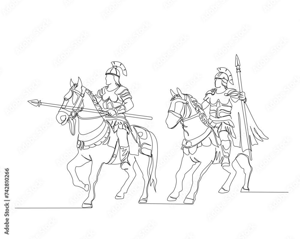 Continuous one line drawing of roman knight ridding horse and holding ...