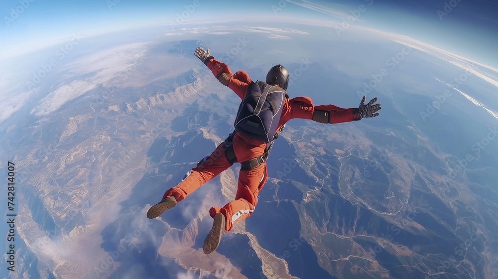 Observe from above as a skydiver dives through a clear sky, arms ...