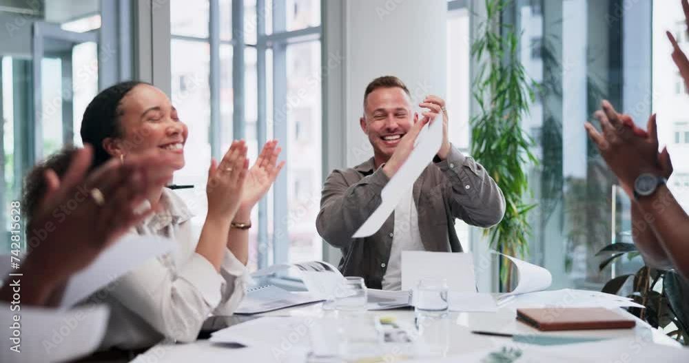 High five, applause and throwing paper with business people in ...