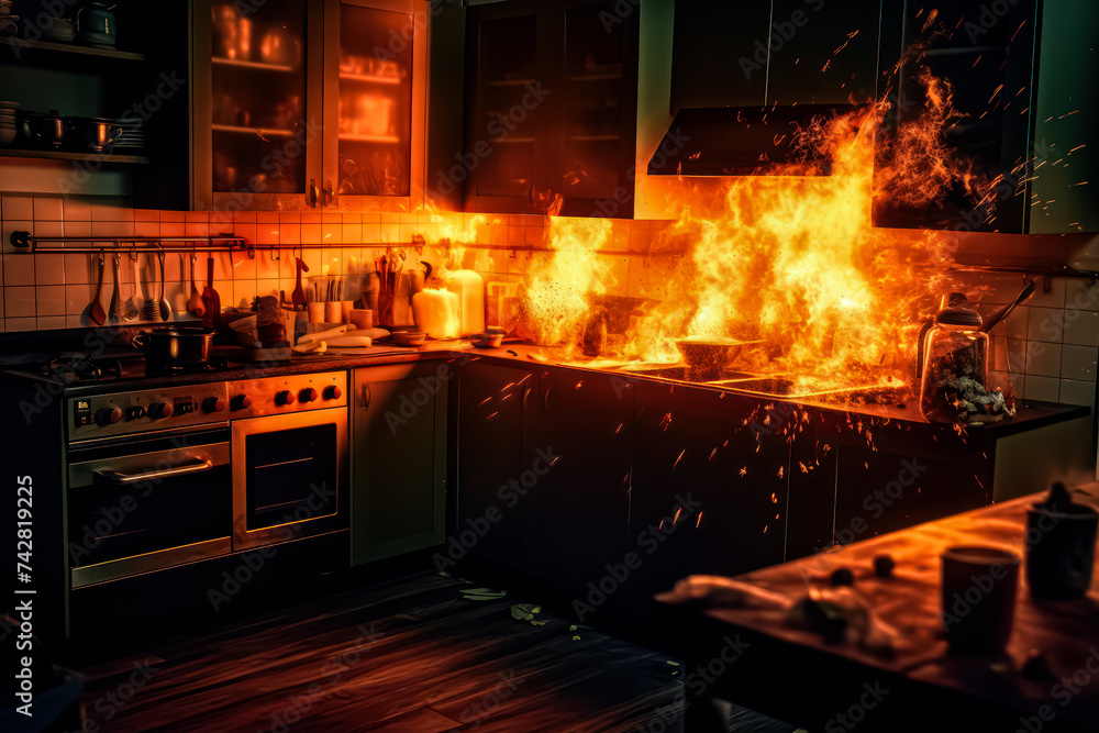 A dramatic scene unfolds as flames engulf a kitchen, billowing thick ...