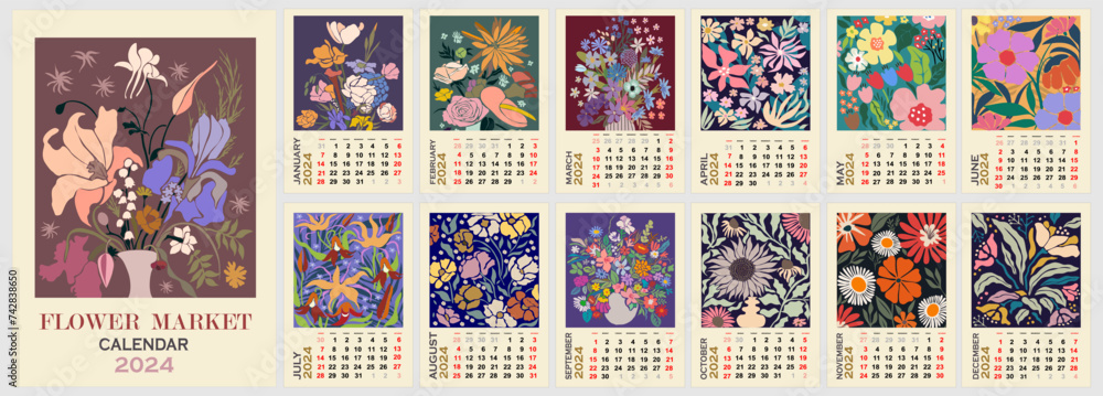 Floral calendar template for 2024 . Vertical design with abstract ...