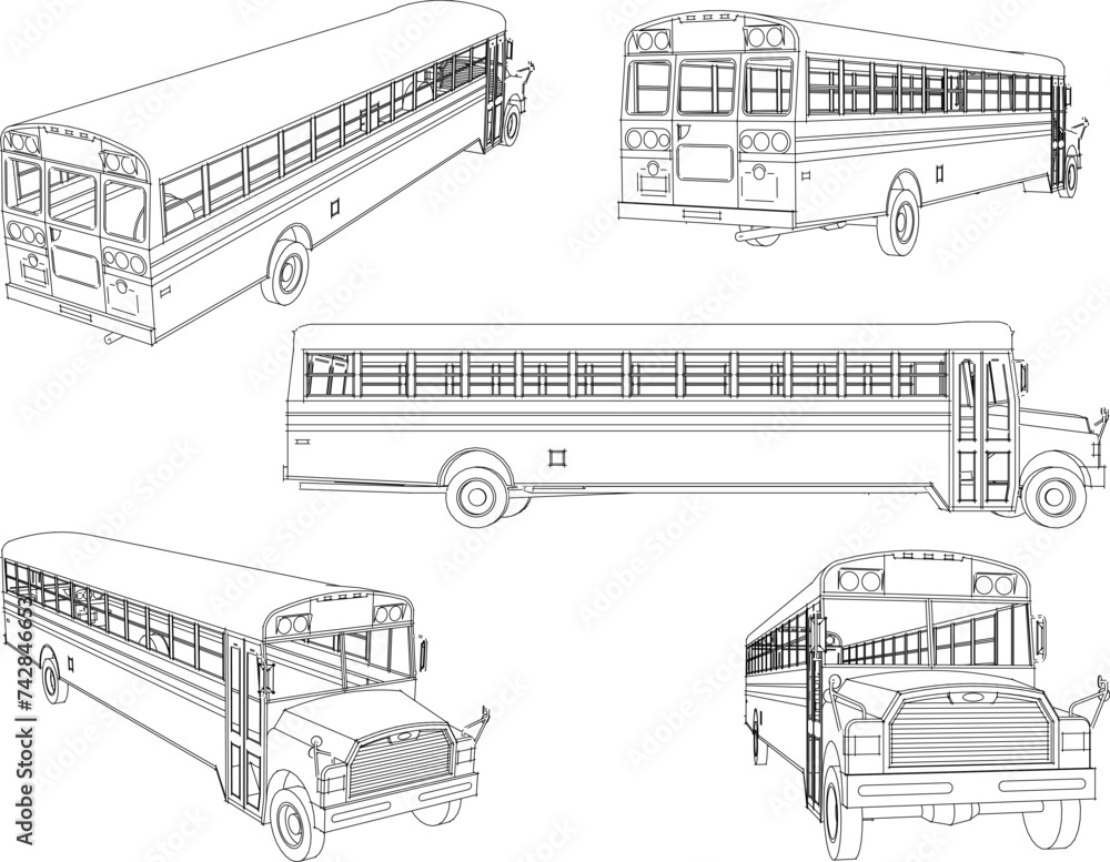 Vector sketch illustration of a vintage classic old school bus design ...