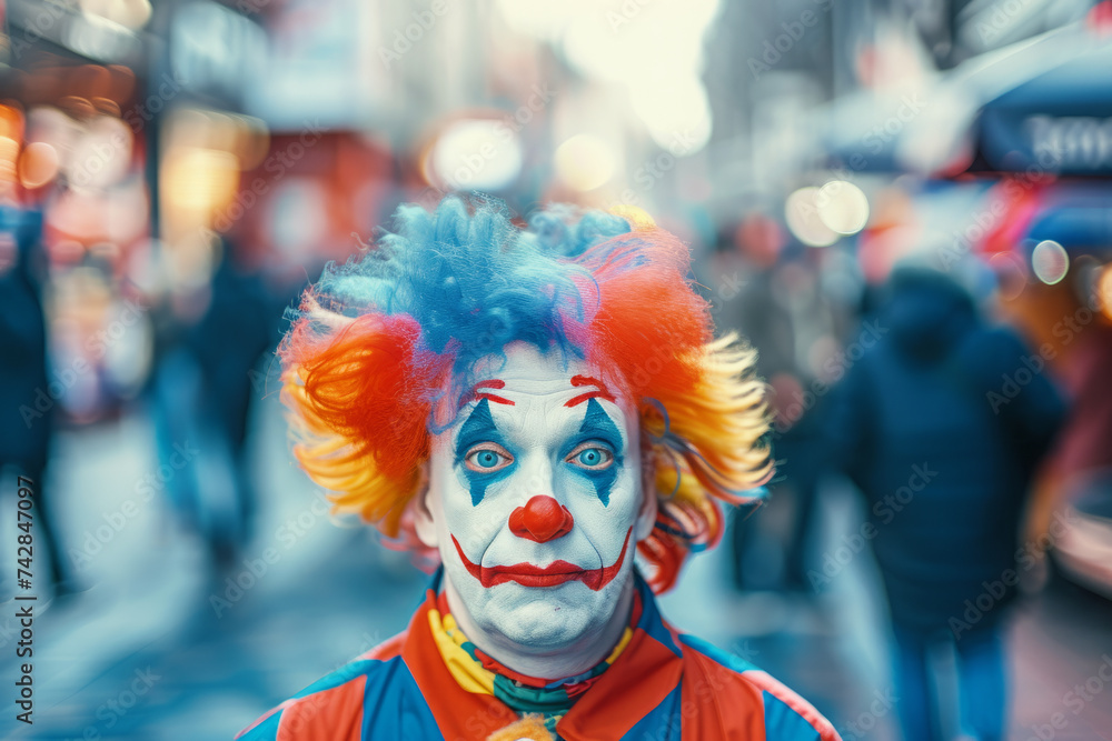 Upset clown in depression on street with people silhouettes, motion ...