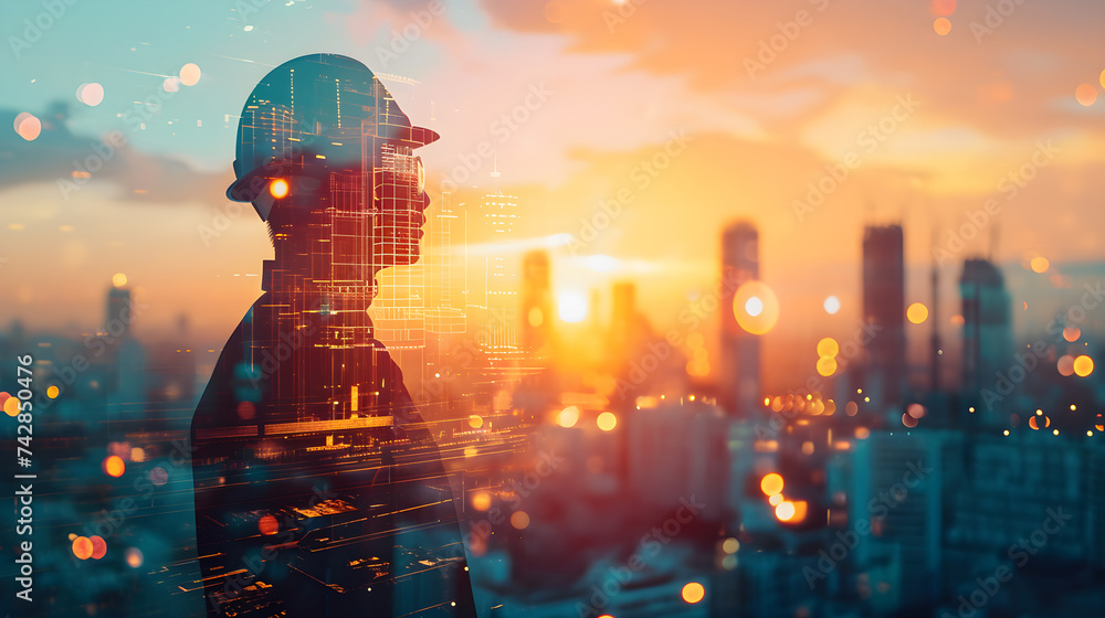 Double exposure image of engineer standing during sun and city view ...