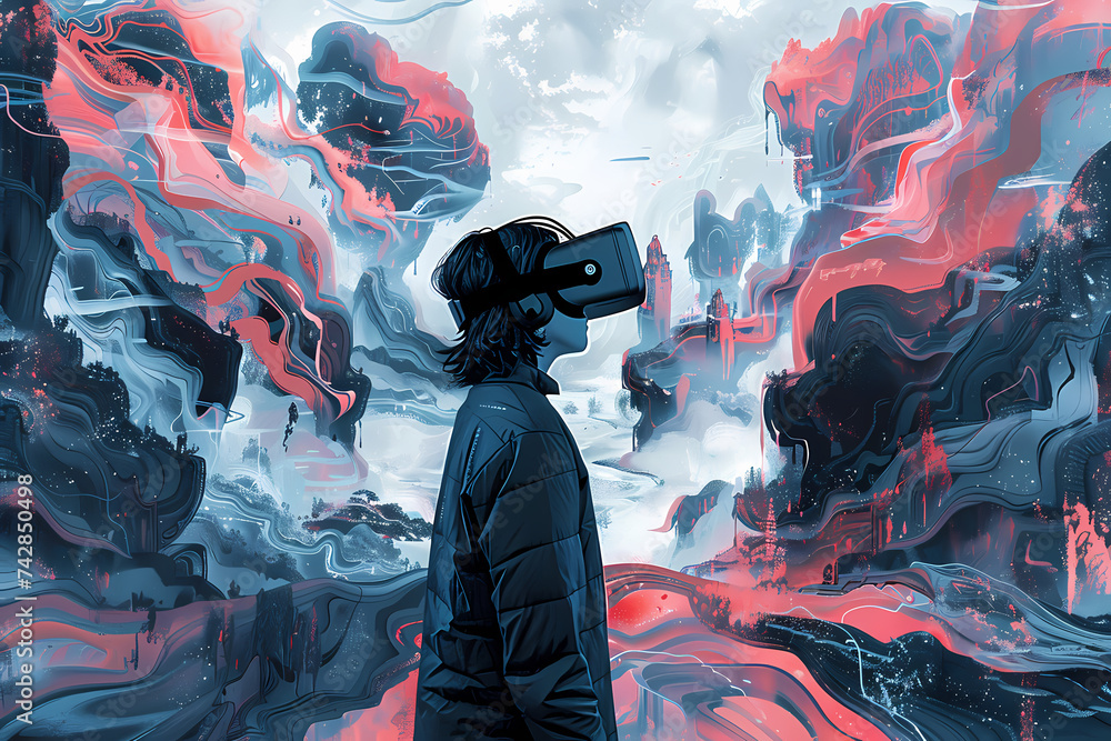 Mind Bending Realities. Illustration of a person wearing a VR headset ...