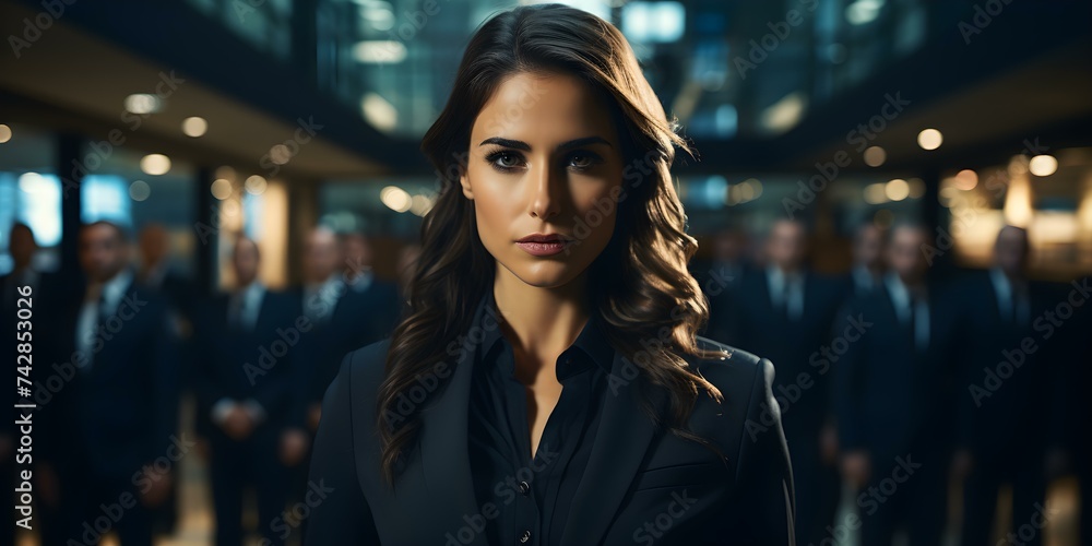 Female executive leader supported by her skilled security detail in ...