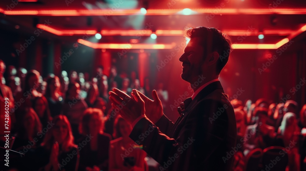 A prestigious award ceremony employees in formal attire receiving ...