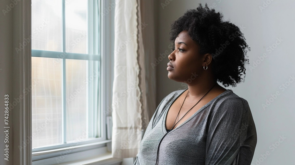 copy space, stockphoto, Plus size Black Woman standing in front of a ...