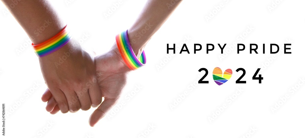 Happy Pride 2024 and hands which wearing rainbow wristband on white ...