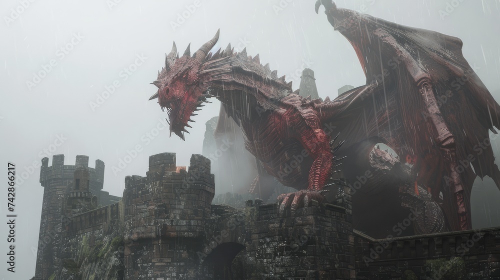 ferocious red dragon with scales stands on top of an abandoned run down ...