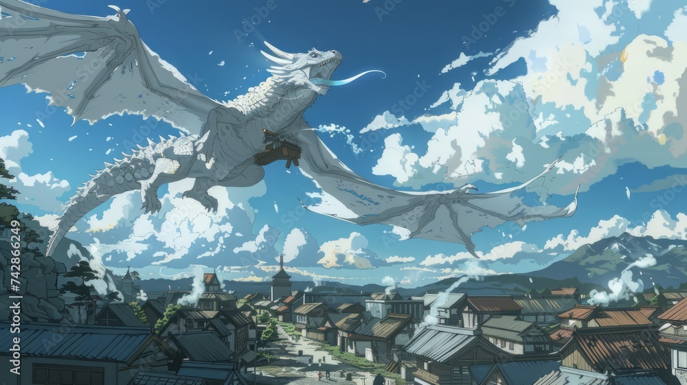 small flying white scaled dragon breathing ice breath down upon a village, a fight scene ...