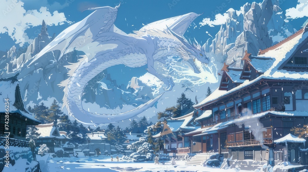 small flying white scaled dragon breathing ice breath down upon a ...