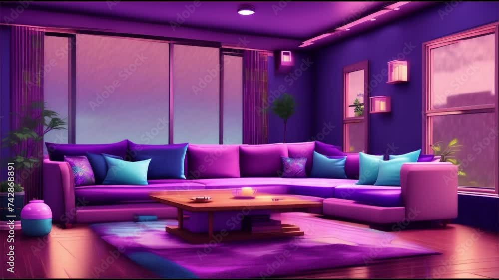 Modern living room with purple sofa. stream starting soon screen ...