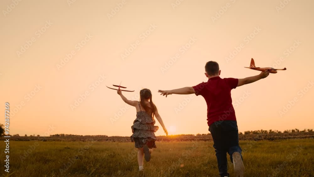 happy boy girl child play airplane pilot sunset, children family dream ...