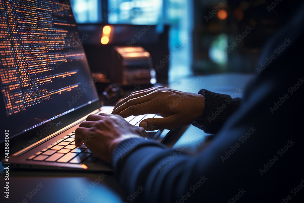 Experienced hacker in action breaking software protection server code Generative Ai image pic ...