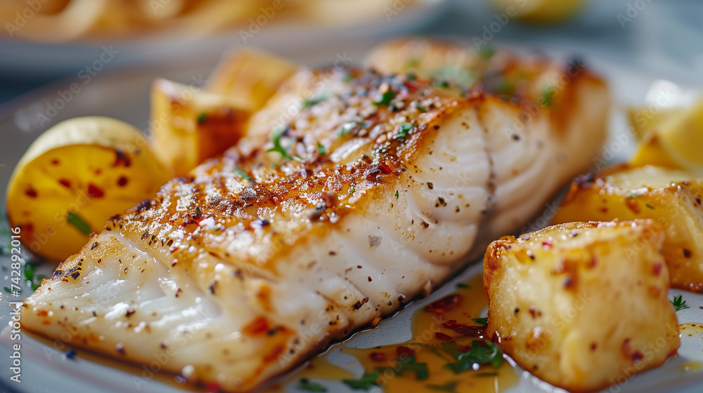 Grilled fish steak with roasted potato gastro photography redfish Stock ...
