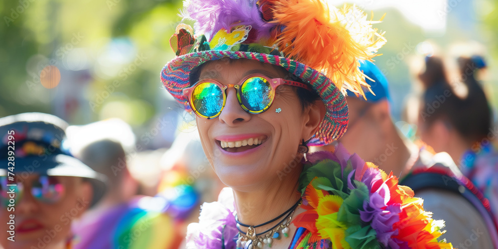 Happy elder trans woman smiling wear a crazy hat and enjoy the pride ...