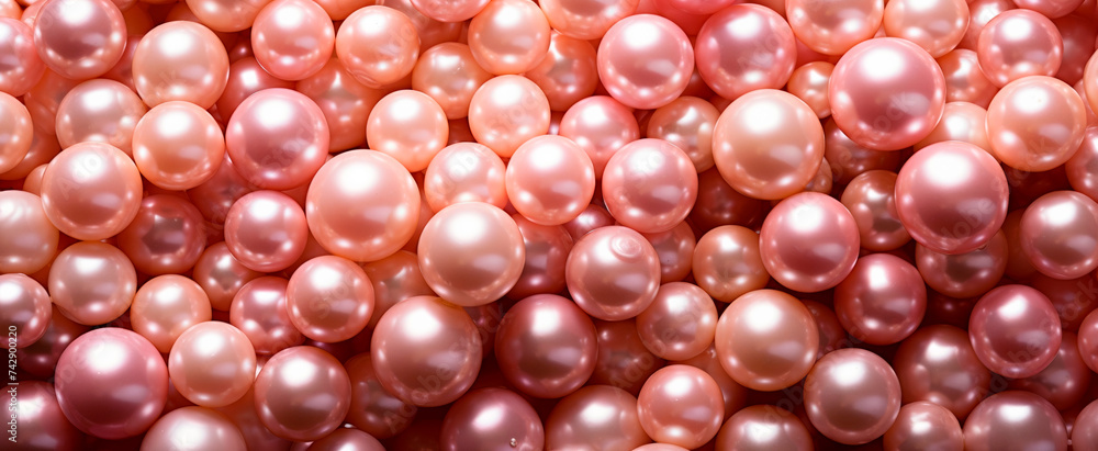 A multitude of soft-hued pink pearls fills the view, symbolizing luxury ...