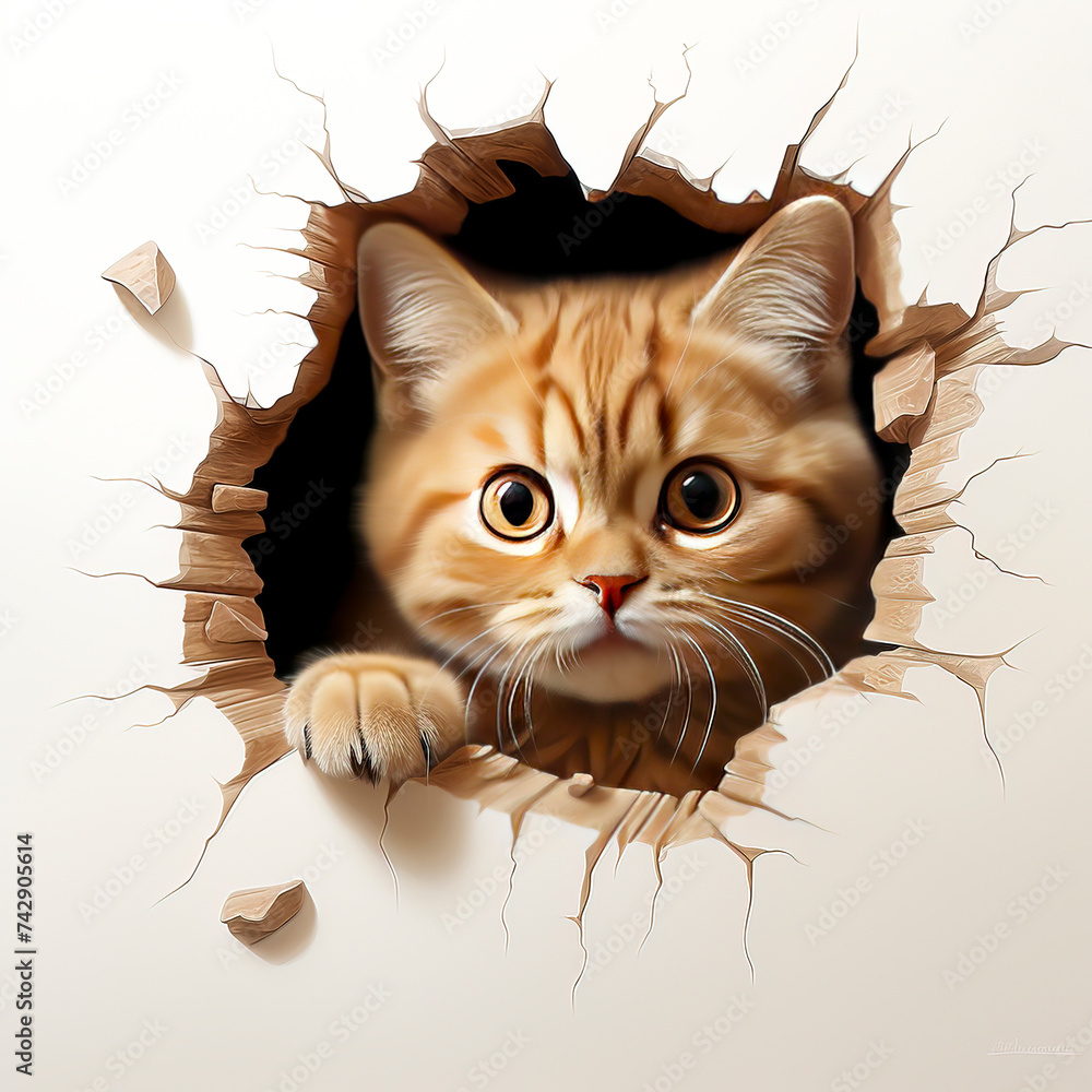 Curious Ginger Cat Peering Through a Torn Paper Hole created with ...