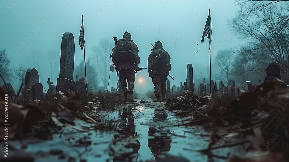 Two Soldiers Walking Through A Foggy Graveyard With American Flags ...