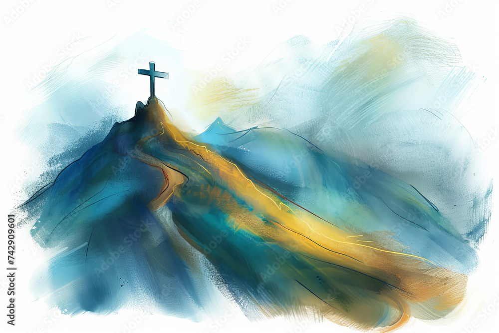 Watercolor painting of the cross on Golgotha, capturing the solemnity ...