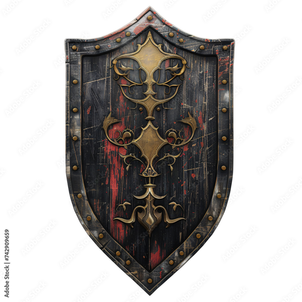 vintage wooden empty shield isolated on a transparent background, metal ...