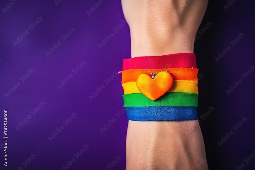 Wrist adorned with a rainbow pride band and orange heart on a purple ...
