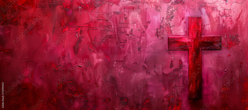 red violet cross with copy space, textured painting, worship slide ...