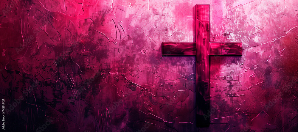 red violet cross with copy space, textured painting, worship slide ...