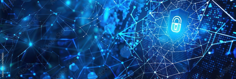 Cybersecurity concept with digital lock on blue tech background ...