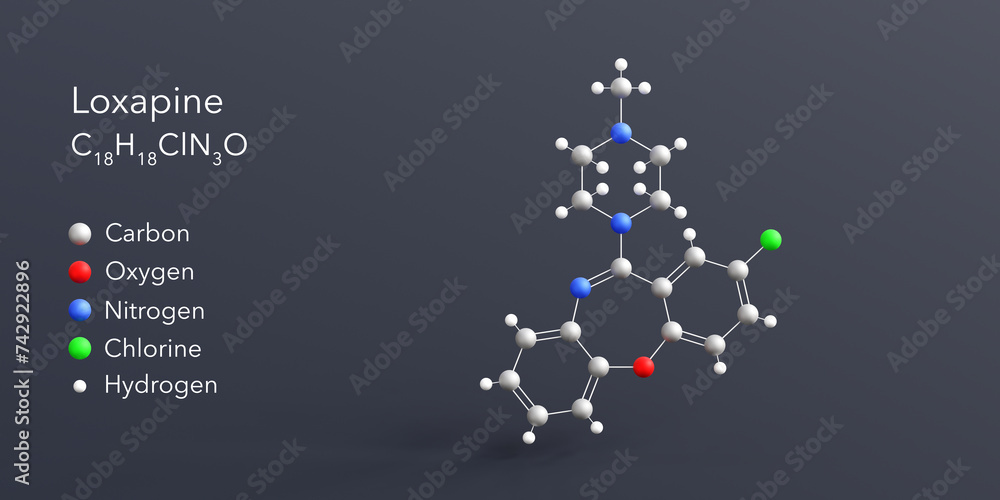 loxapine molecule 3d rendering, flat molecular structure with chemical ...