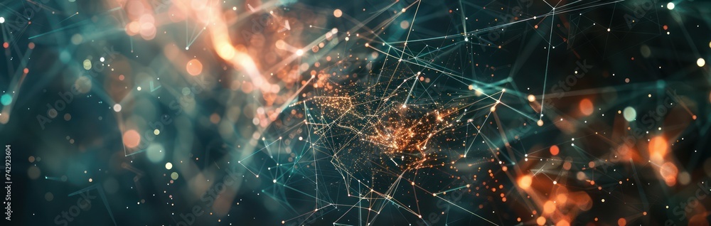 Abstract network connections with nodes and light flares. Background for technological processes ...