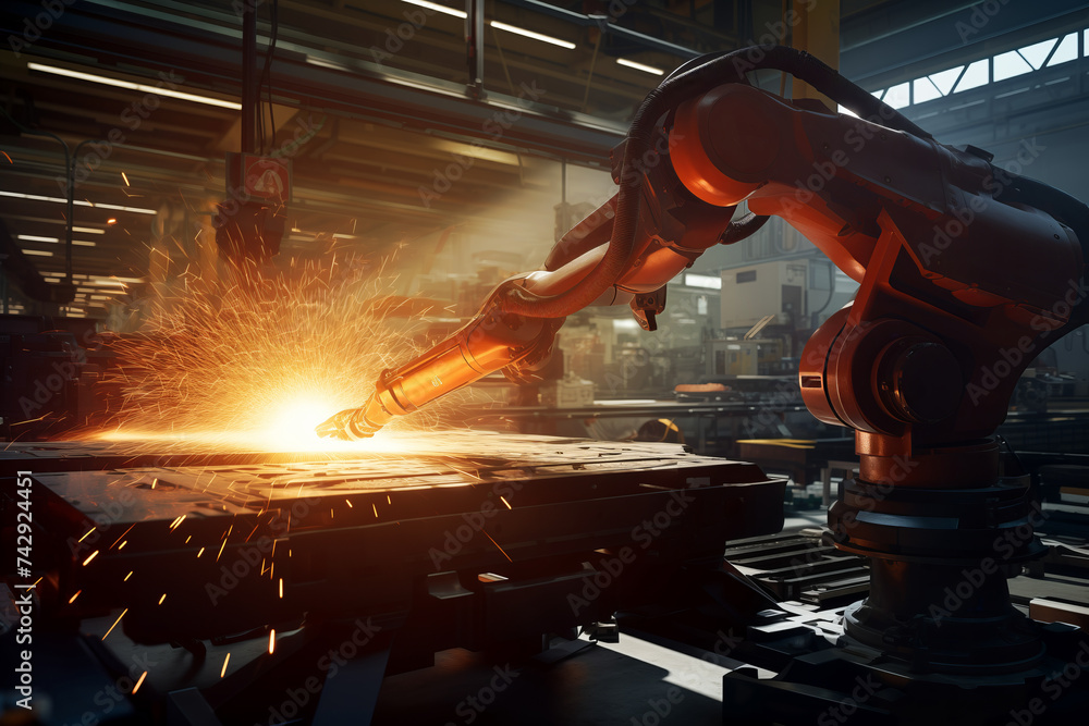 Automated Robotic arms line welding assembly car working at futuristic factory, industrial ...